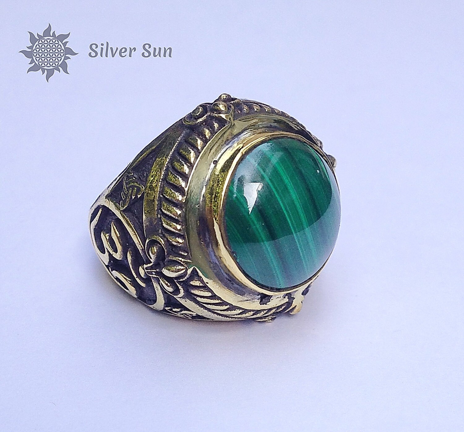 Old Style Brass Ring Malachite Stone Sacred Geometry Merkaba | Etsy