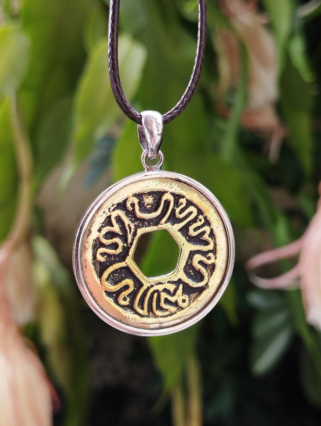 Old Style Bali Sterling Silver Frame Brass Coin Pendant Necklace ...