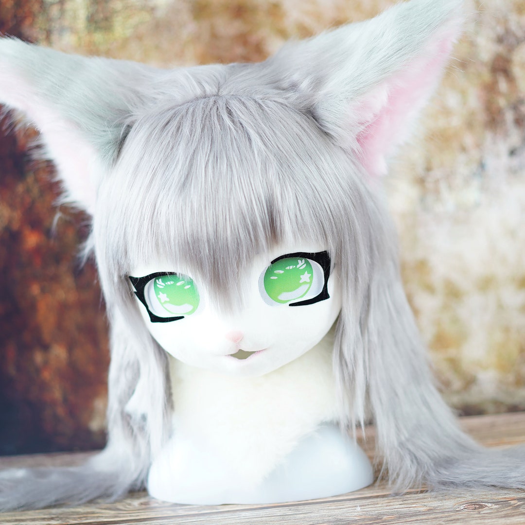 Gray Cat Mask in White -pet Play, Kawaii Mask, Cat Kig Head Versatile ...