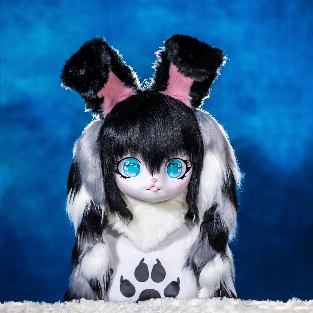 Black and Gray Bunny Ears Furry Mask Head Kigurumi Fursuit Rabbit Head ...