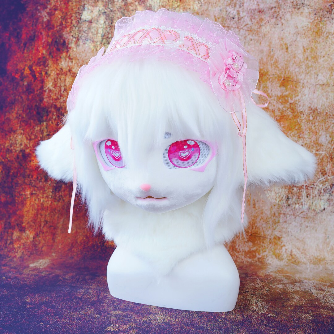 Kawaii White Pink Cream Cat Kig Mask - Custom Fursuit Mask Head for ...