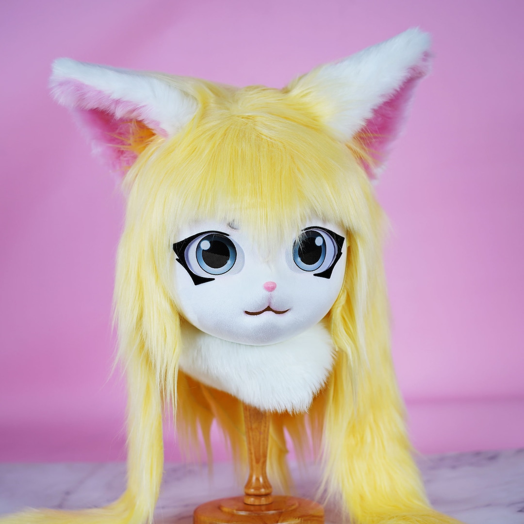 Fur Furry Cosplay Mask Head With Yellow Hair, Kig Kemono Mask, Fursuit ...