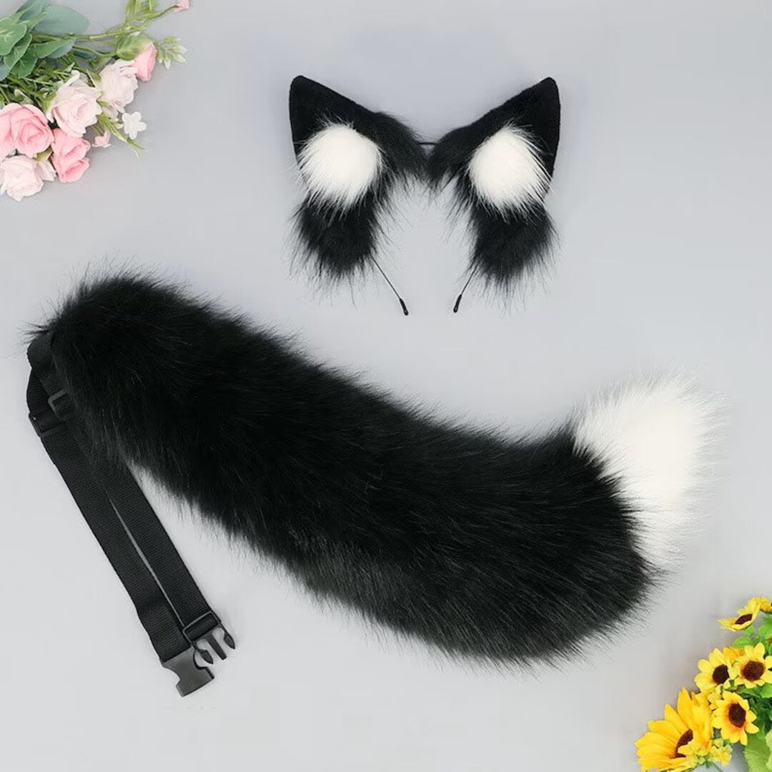 Black White Fox Ears and Tail Set,furry Animal Ears,wolf Cosplay ...