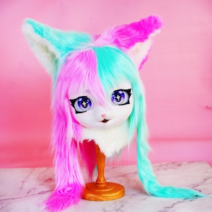 Fur Furry Cosplay Mask Head With Black Hair, Kig Kemono Mask, Fursuit ...
