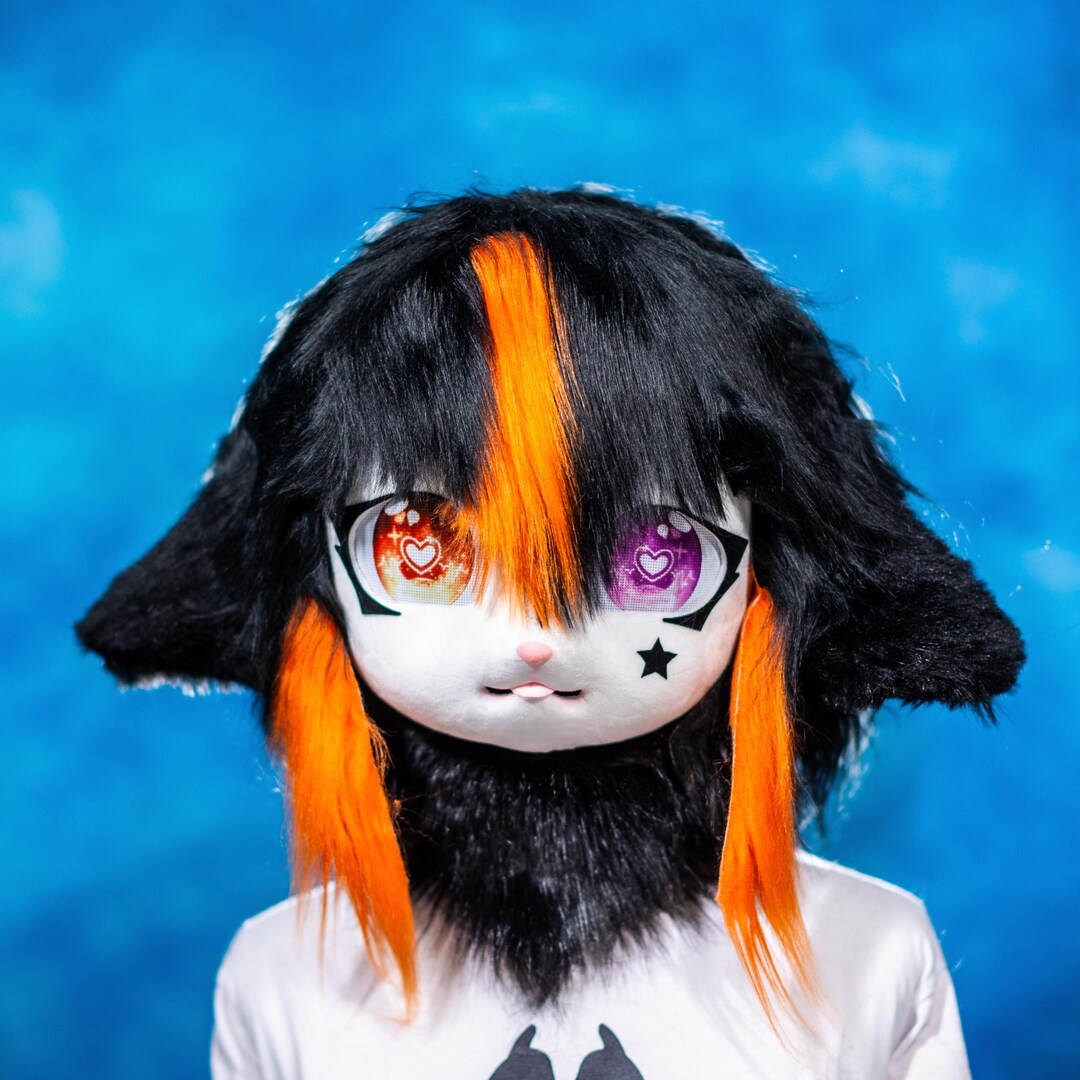 Black and Orange Cool Kigurumi Kemono Sheep Ears Cosplay Mask Head ...
