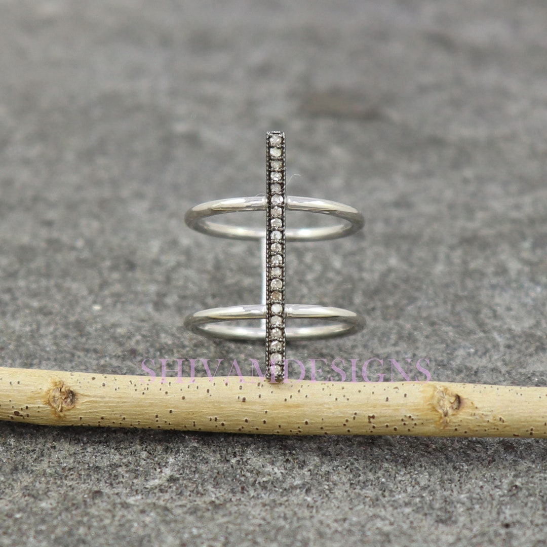 Diamond Ring, Bar Ring, Genuine Pave Bar Ring, Delicate Ring, Parallel ...