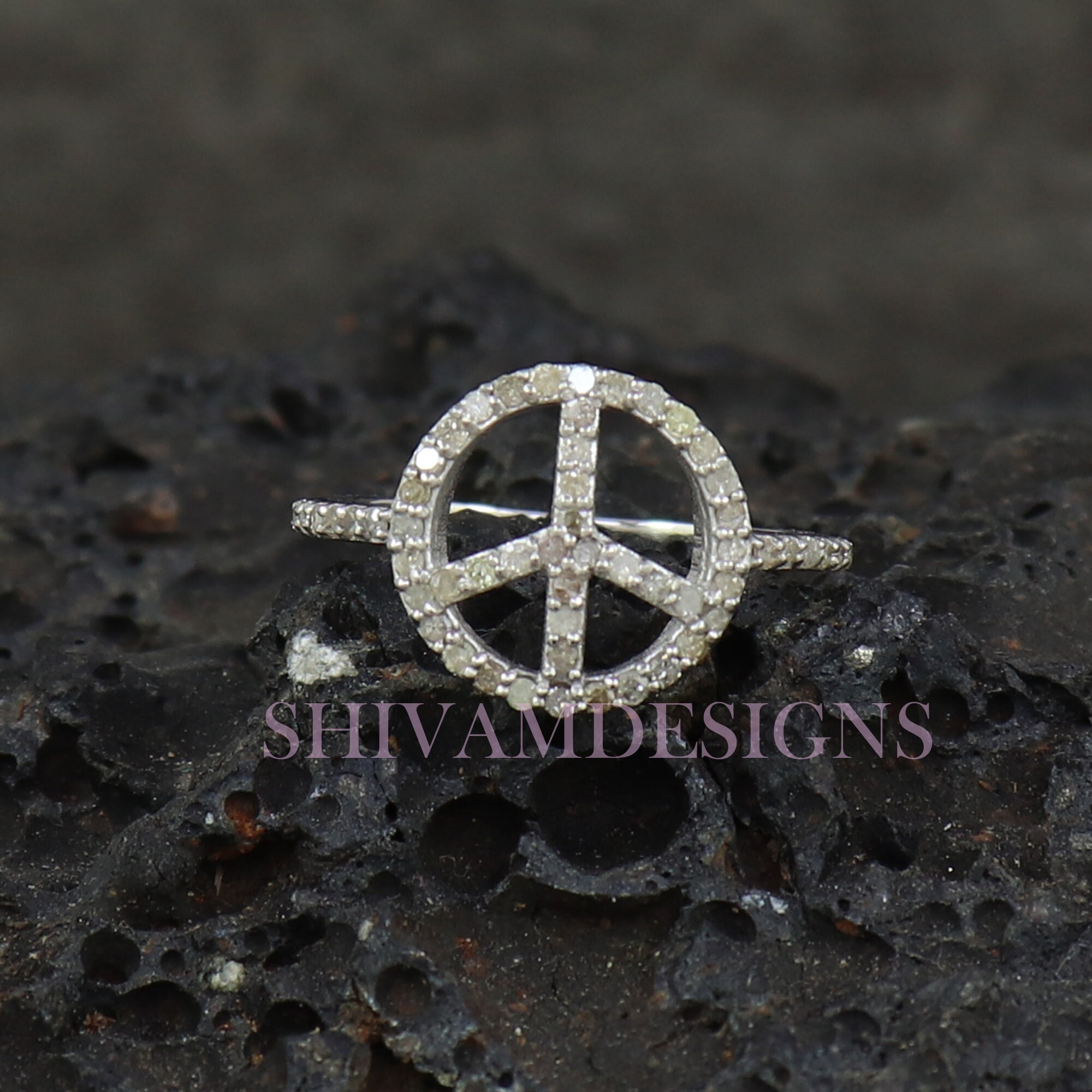 Genuine Diamond Ring, Diamond Peace Sign Ring, 925 Sterling Silver Ring ...