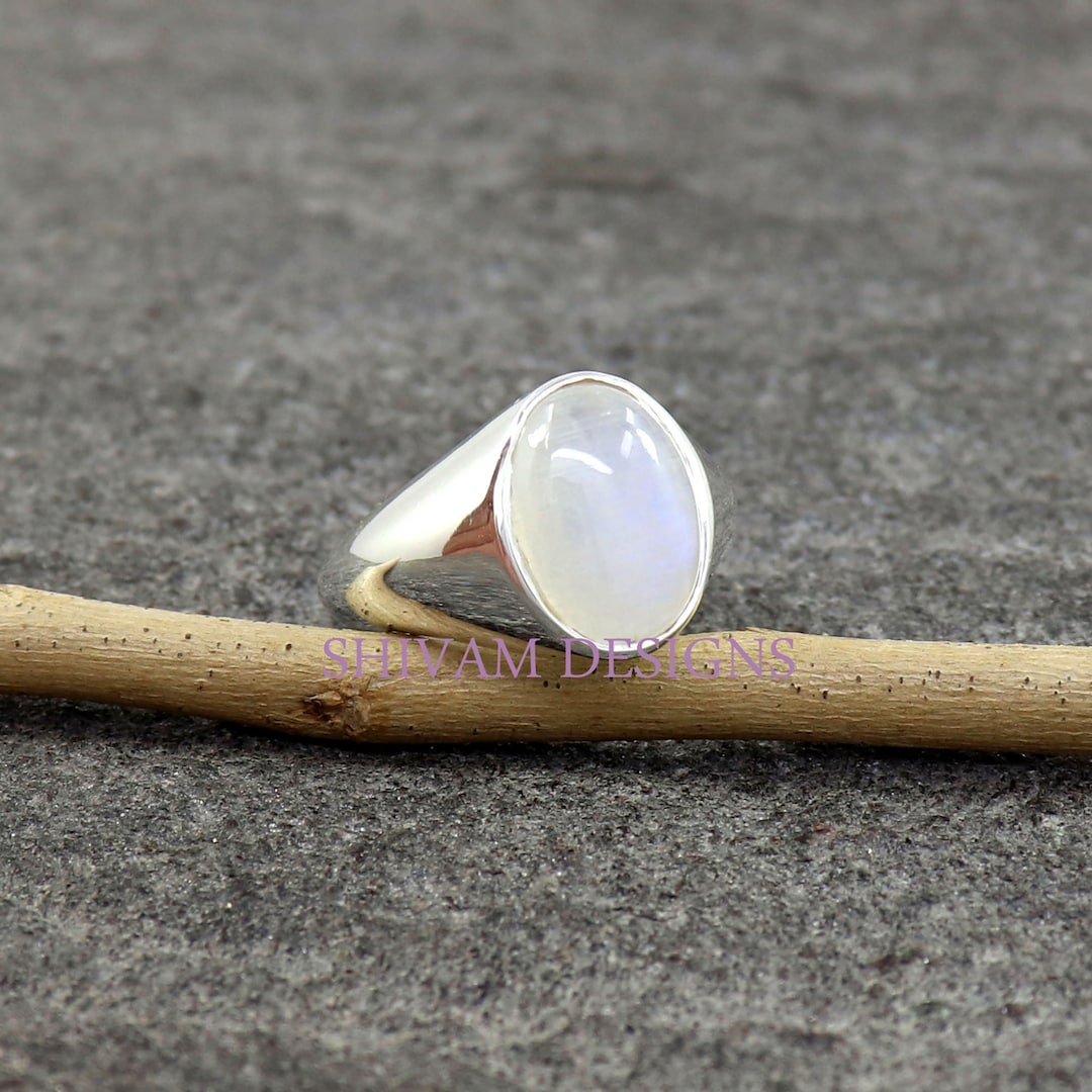 Moonstone Signet Ring, 925 Sterling Silver Ring, Rainbow Moonstone Mens ...
