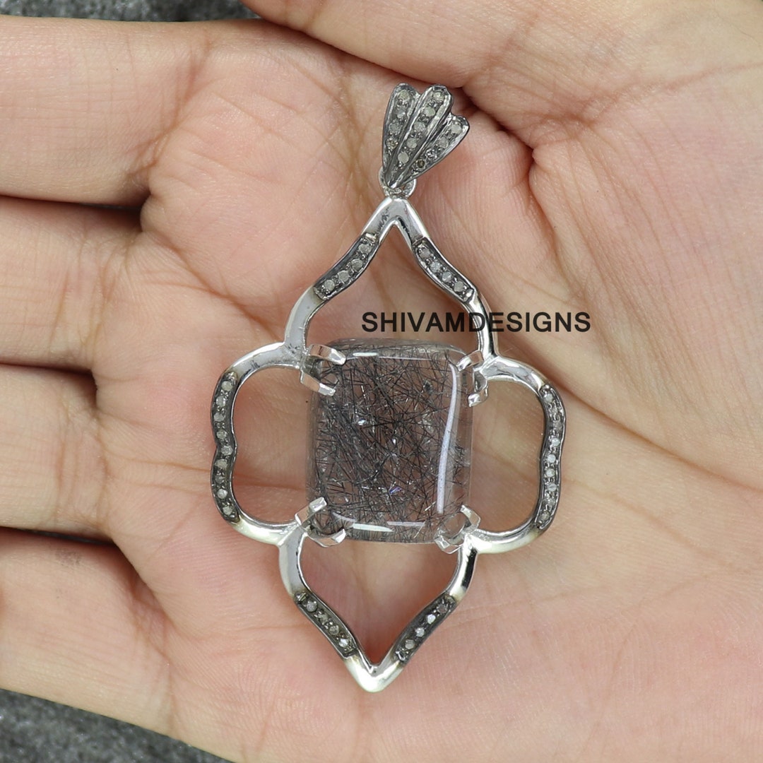 Black Rutile Pendant Genuine Pave Diamond Pendant - Etsy