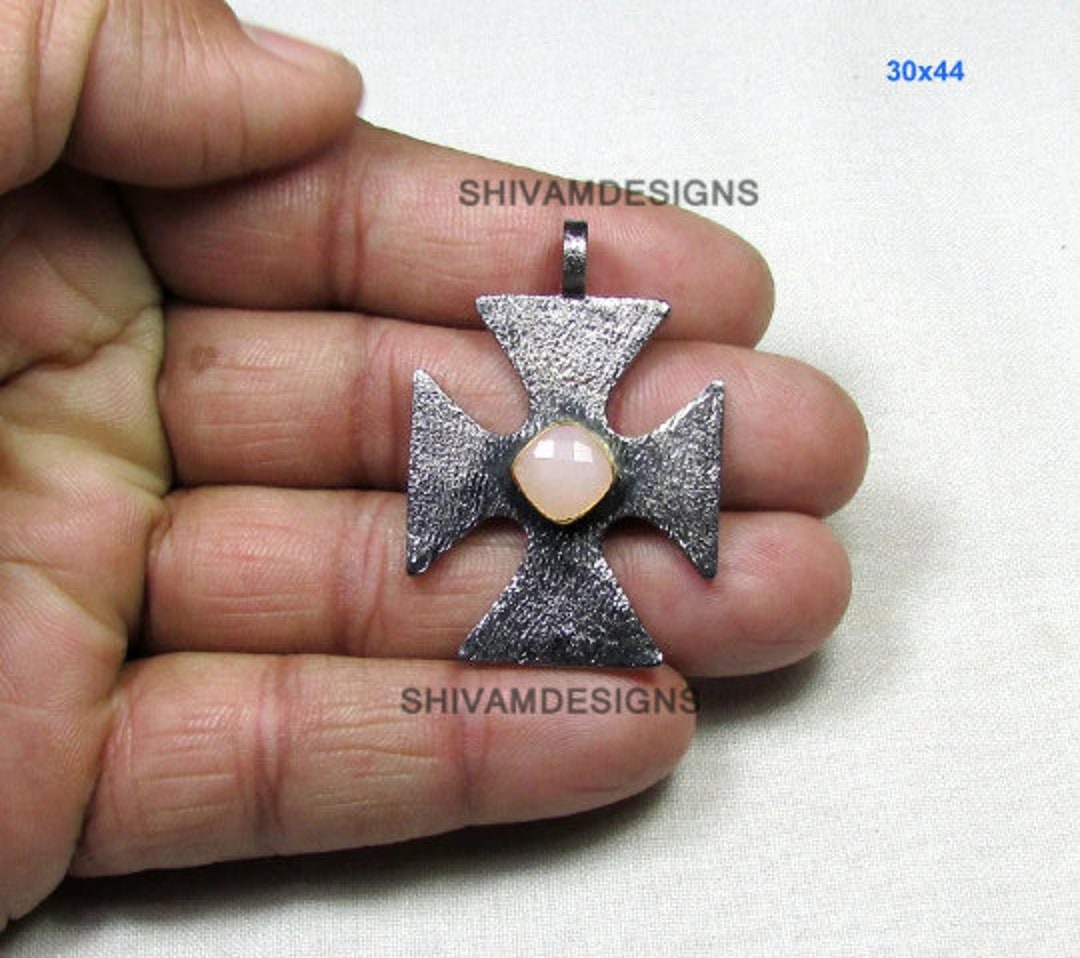 925 Sterling Silver Cross, Pink Rose Chalcedony Cross Pendant, Charms ...