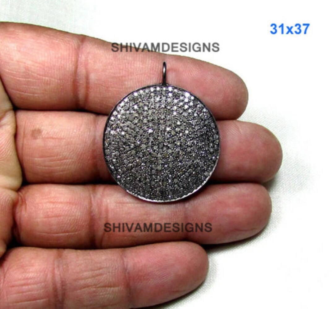 Pave Genuine Diamond Disc Charm, 925 Sterling Silver Necklace, Diamond ...