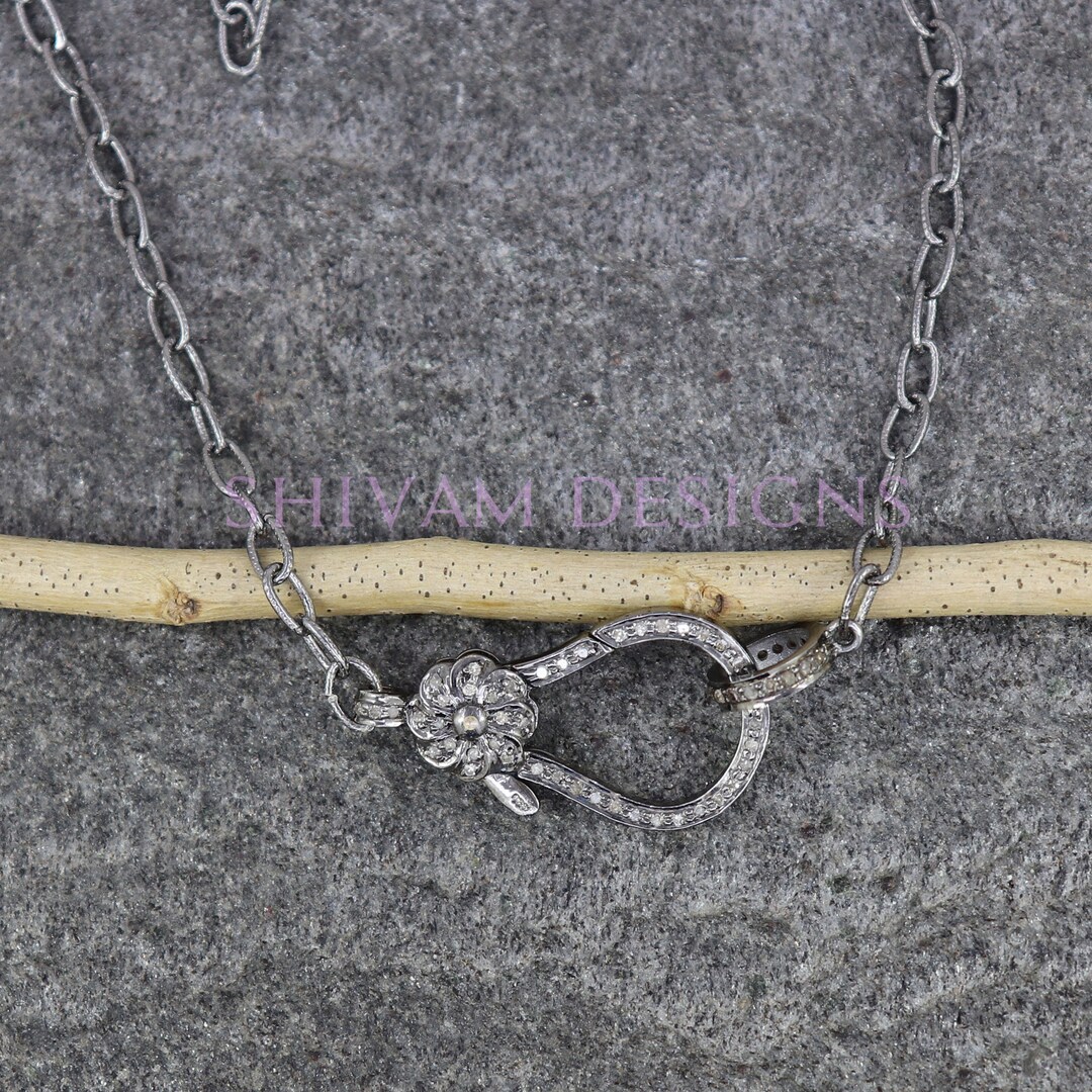 Pave Genuine Diamond Clasp Necklace, 925 Sterling Silver Necklace ...