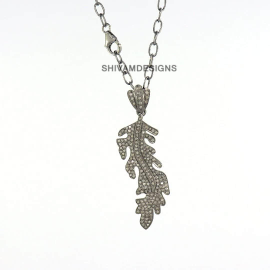 Genuine Pave Diamond Necklace, Pave Diamond Leaf Pendant, 925 Sterling ...