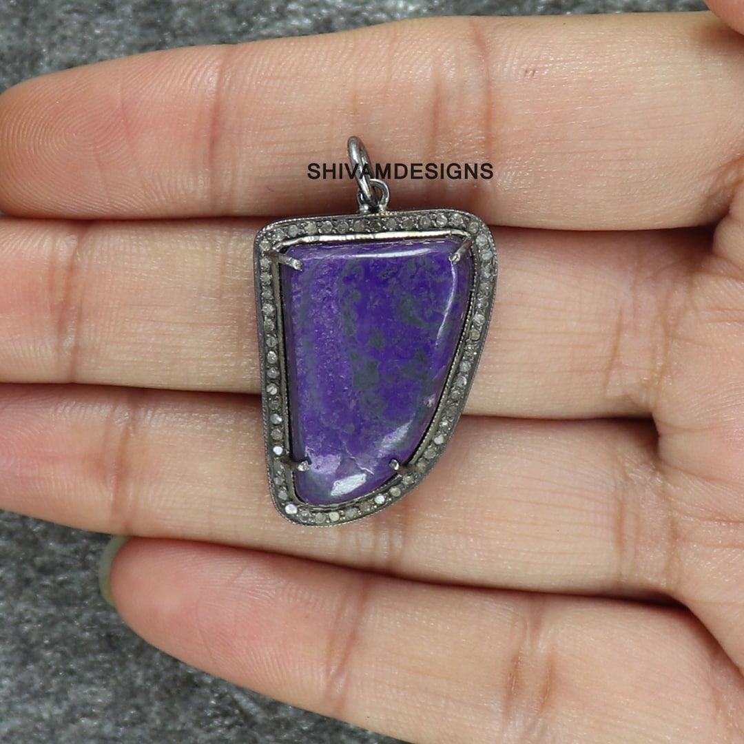 Natural Sugilite Pendant, Pave Genuine Diamond Pendant,925 Sterling ...