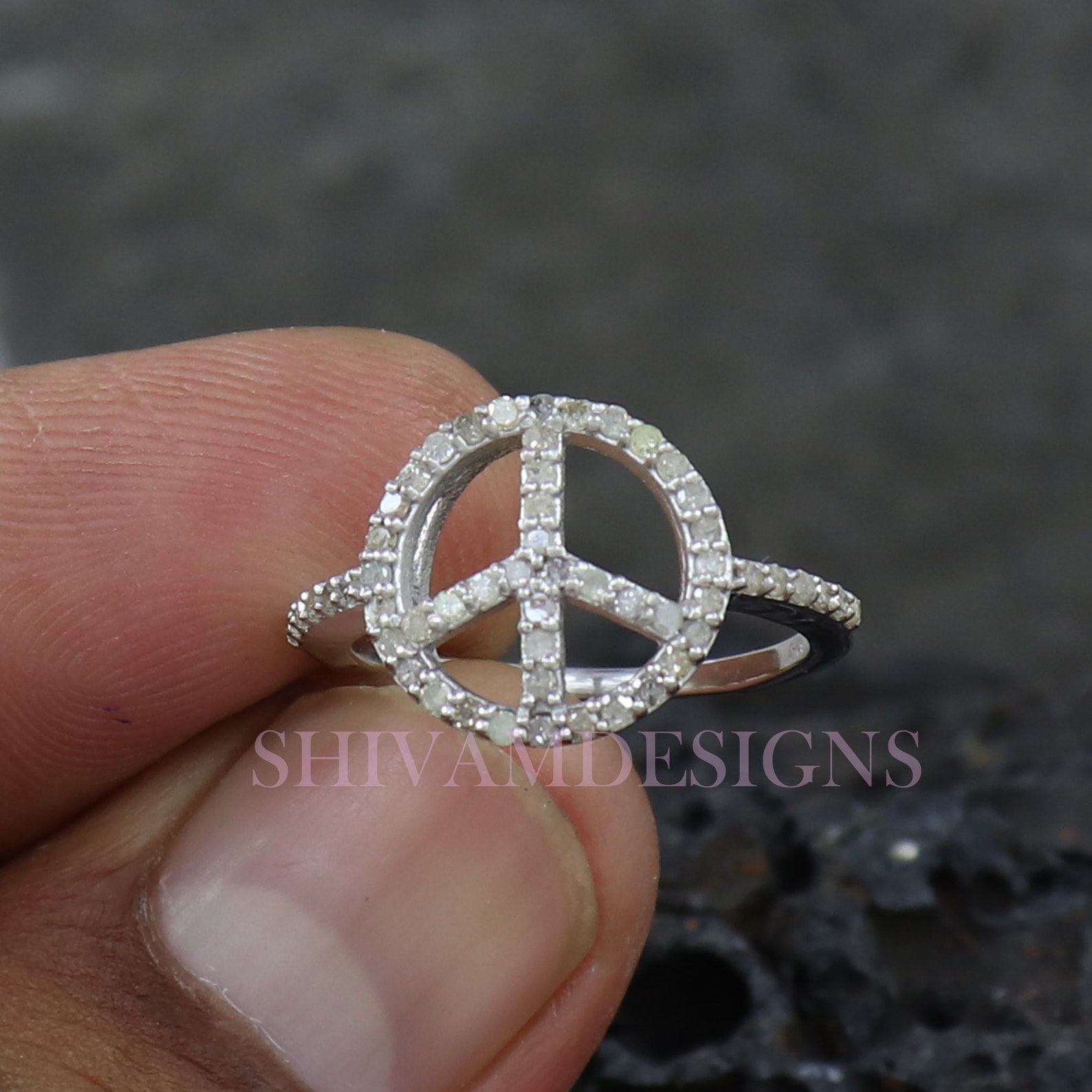 Genuine Diamond Ring, Diamond Peace Sign Ring, 925 Sterling Silver Ring ...