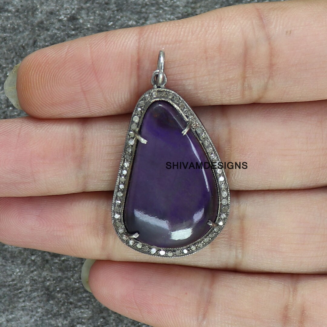 Natural Sugilite Necklace, Pave Genuine Diamond Pendant, 925 Sterling ...