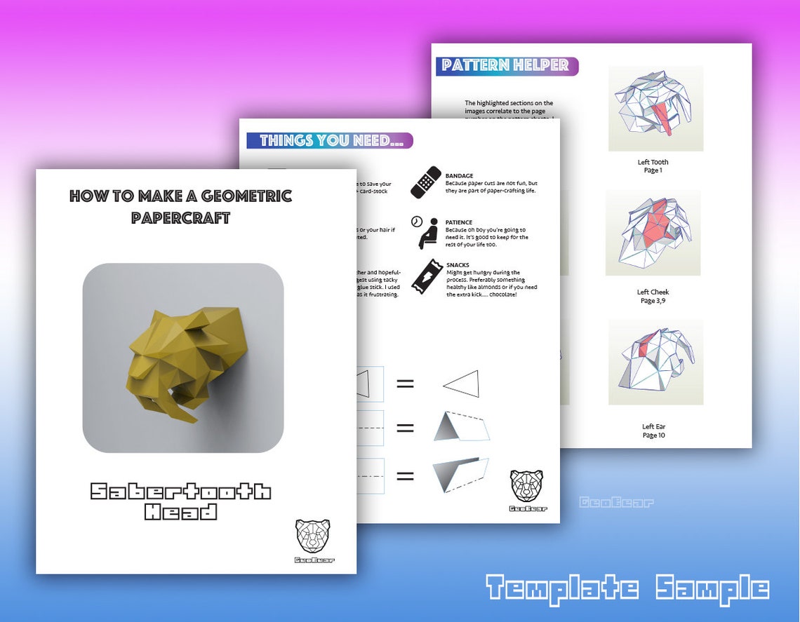 Geometric Papercraft Sabertooth Cat, Low Poly Animal Sabertooth, PDF ...