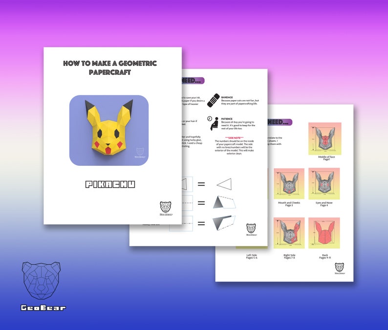 Geometric Pikachu Papercraft, Low Poly Pikachu, PDF TEMPLATE, Geometric ...