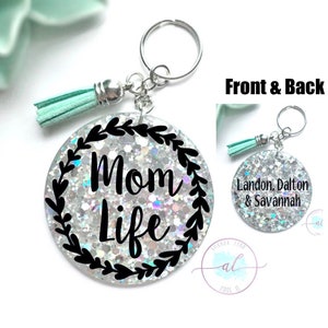 Mom Life Keychain Mom of Both Childrens Names Kids Names Tassel ...