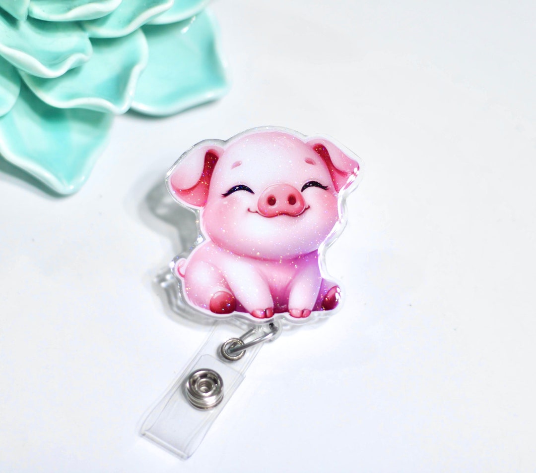 Pig Badge Reel, Sitting Pig, Farm Animals, Retractable Glitter Badge ...