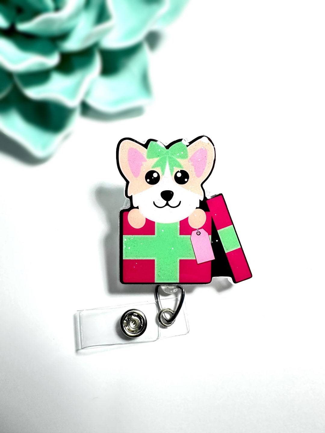 Corgi Christmas Present Badge Reel glitter Winter Holidays Office Staff ...