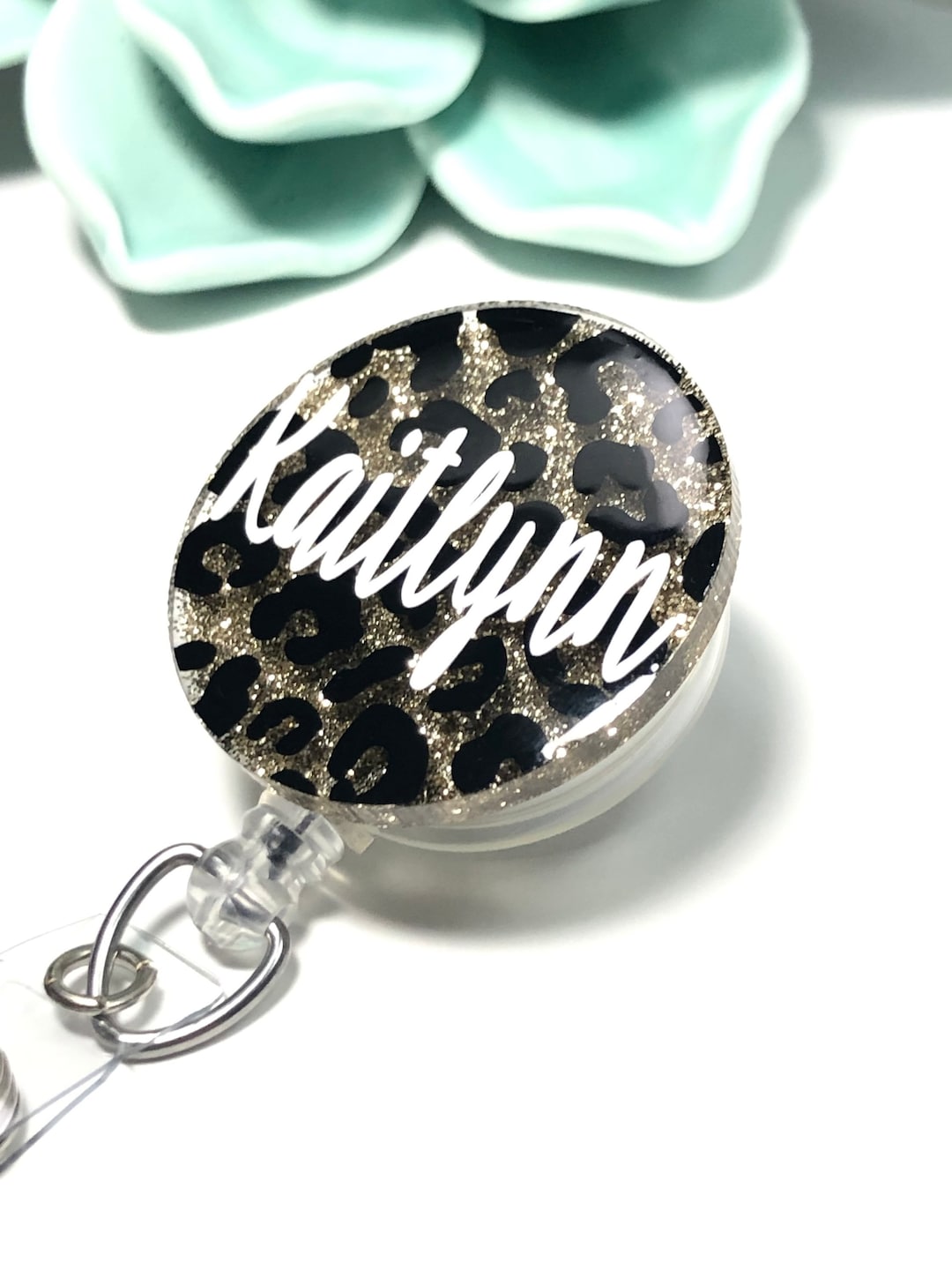 Cheetah Print Badge Reel - Glitter Monogram - Personalized - Nurse ...