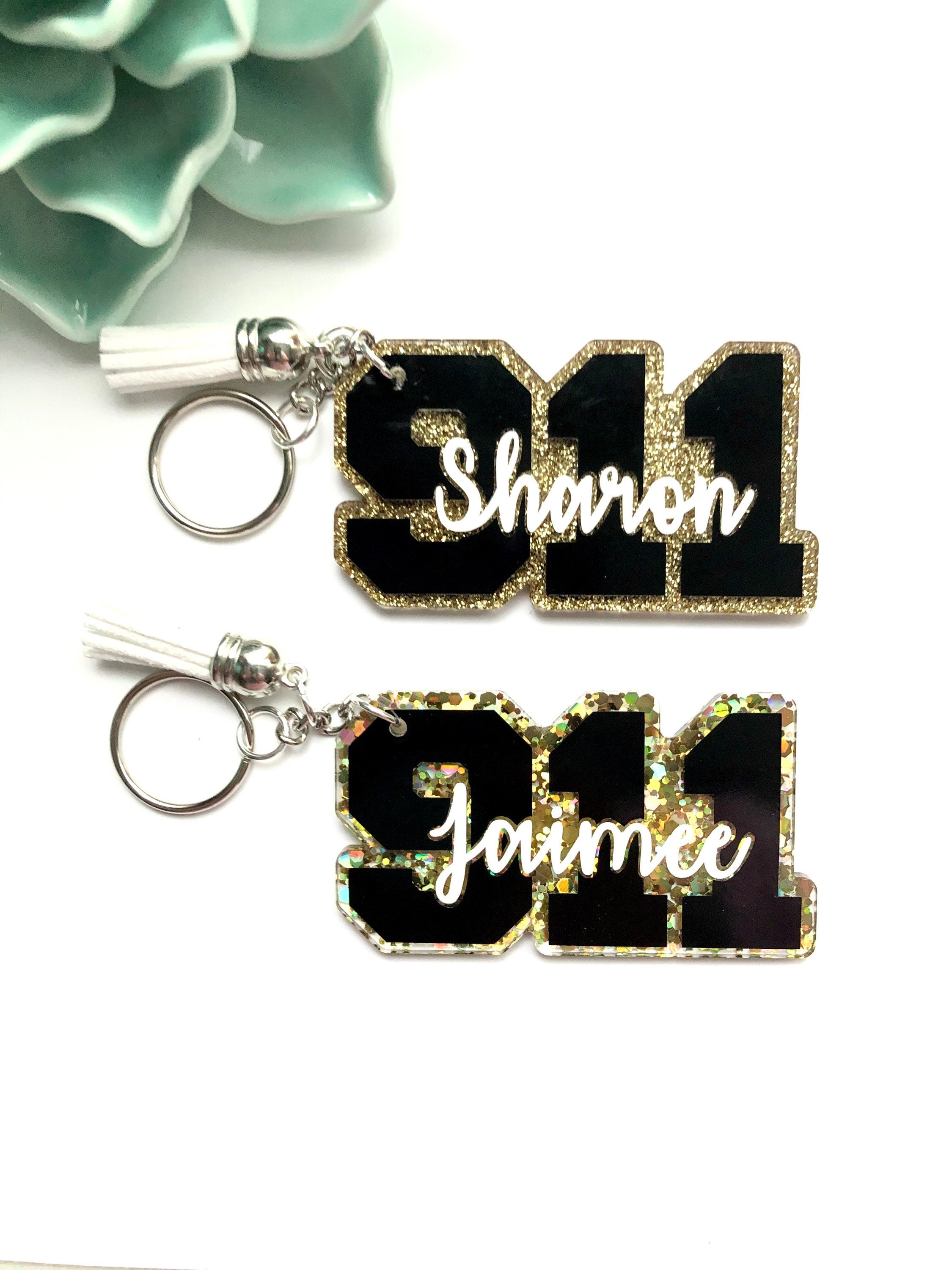 911 dispatcher keychain acrylic glitter thin gold line | Etsy