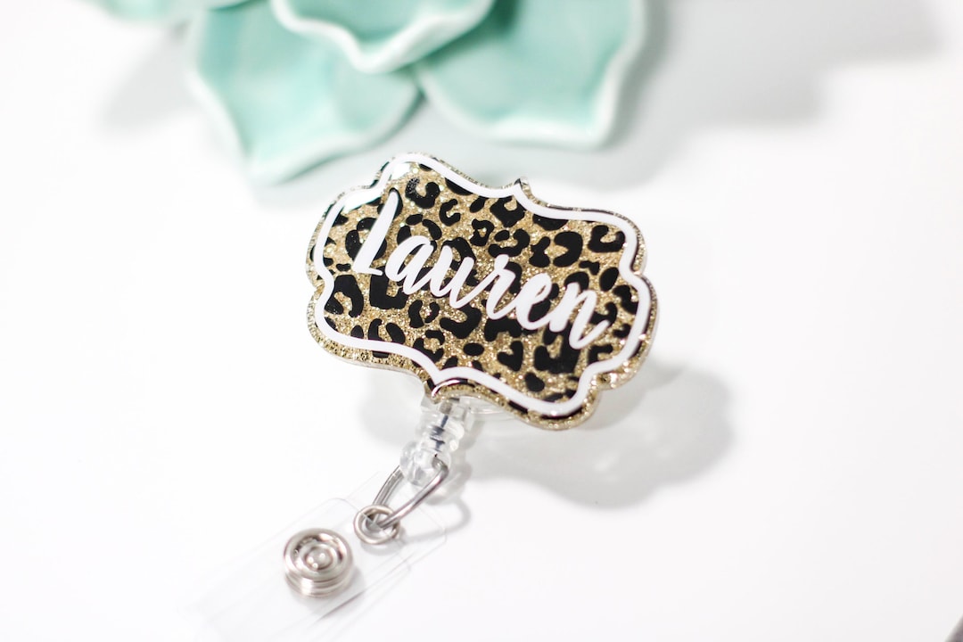Cheetah Print Name Badge Reel - Glitter Custom Name Reel - Personalized ...