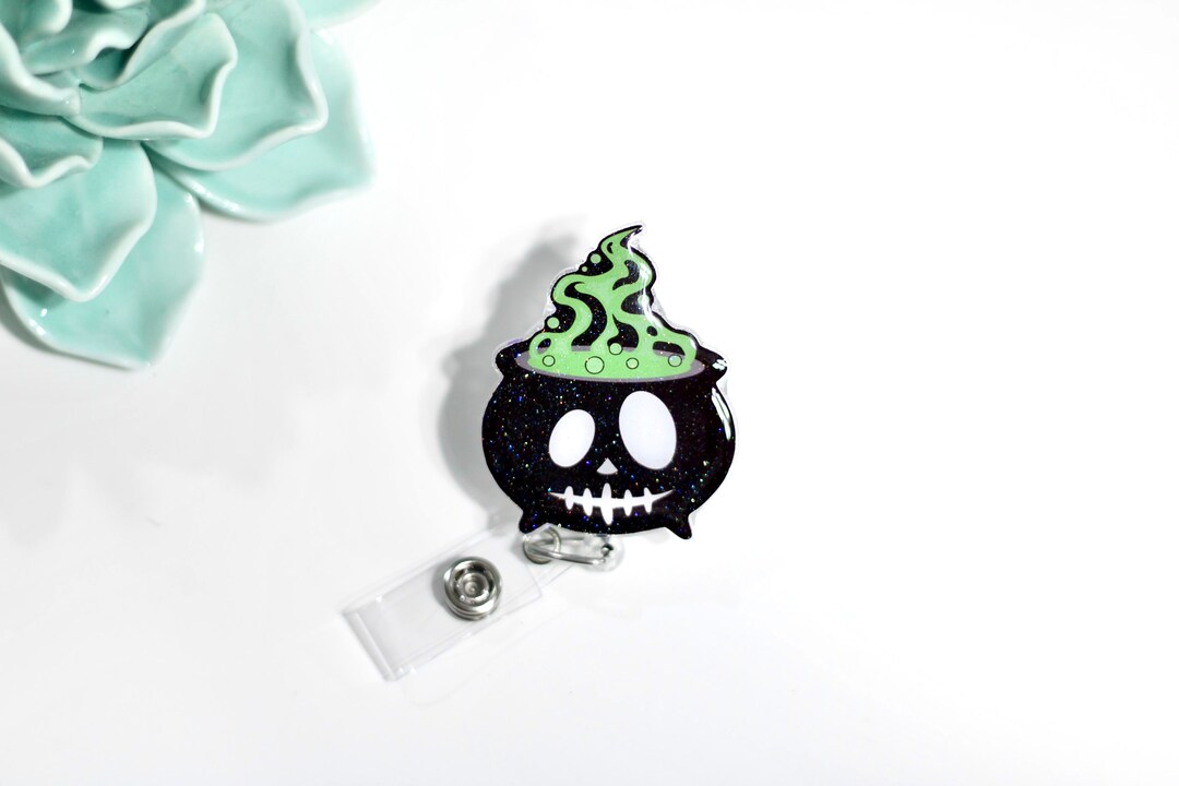 Halloween Cauldron Badge Reel: Glitter Witches Brew Medical ID Holder ...