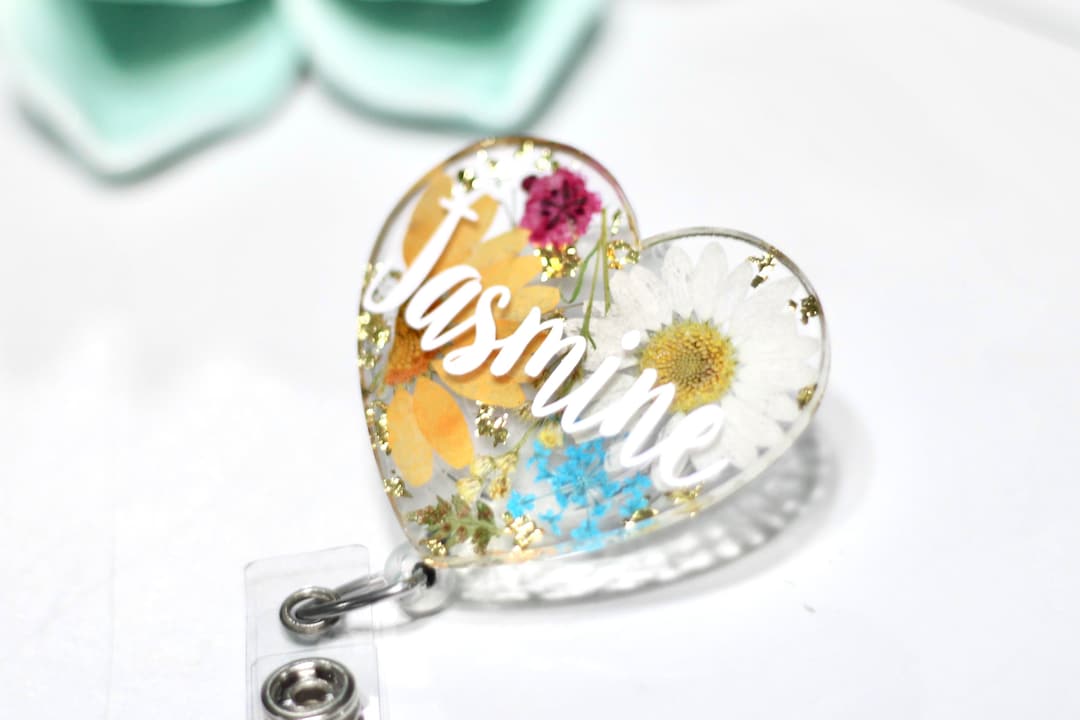 Heart Name Badge Reel, Pressed Flowers, Dried Flowers, Foil Flakes ...