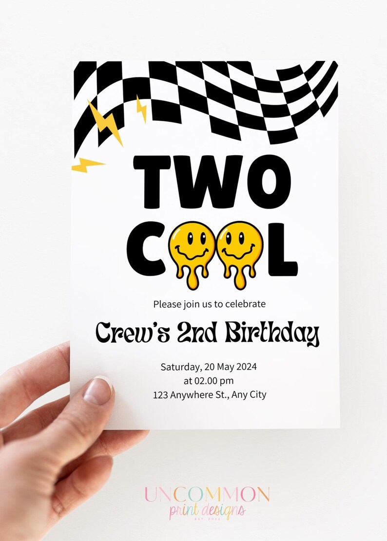 Two Cool Party Yellow Printable Invitation 2nd Birthday Theme Retro Rad ...