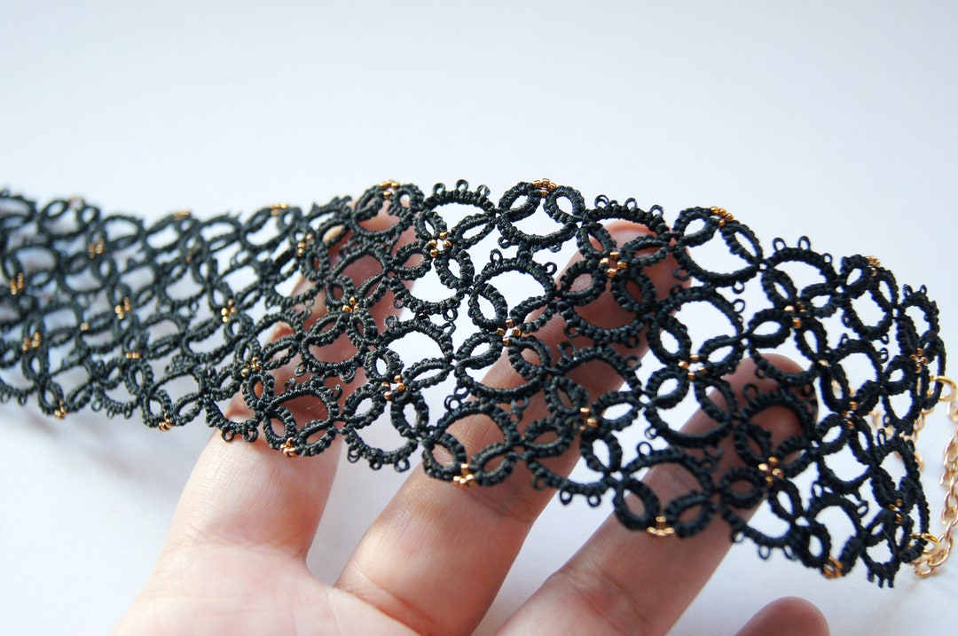 Elegant Black Lace Necklace for Alt Bride, Handmade Tatted Jewelry Gift ...