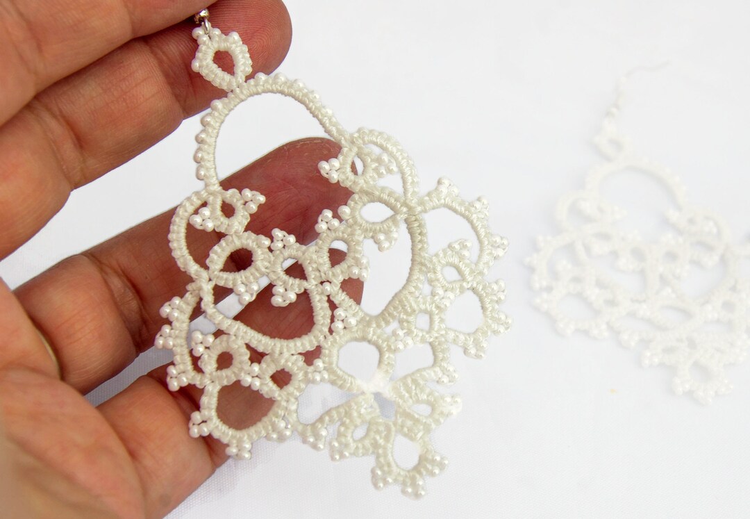 White Tatted Earrings - Chandelier Earrings, Fancy Earrings, Bridal ...