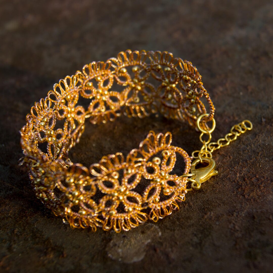Elegant Gold Tatted Lace Bracelet - Delicate Handmade Frivolite Jewelry ...