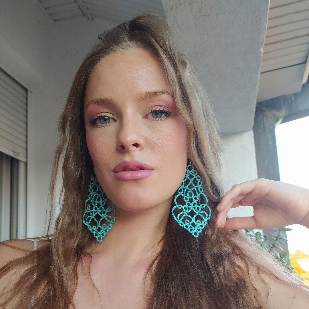 Oversized Mint Tatting Chandelier Earrings - Lightweight XL Lace ...