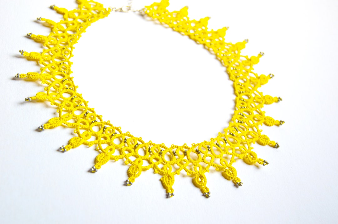 Bright Yellow Tatting Necklace for Women, Lightweight Handmade Lace ...