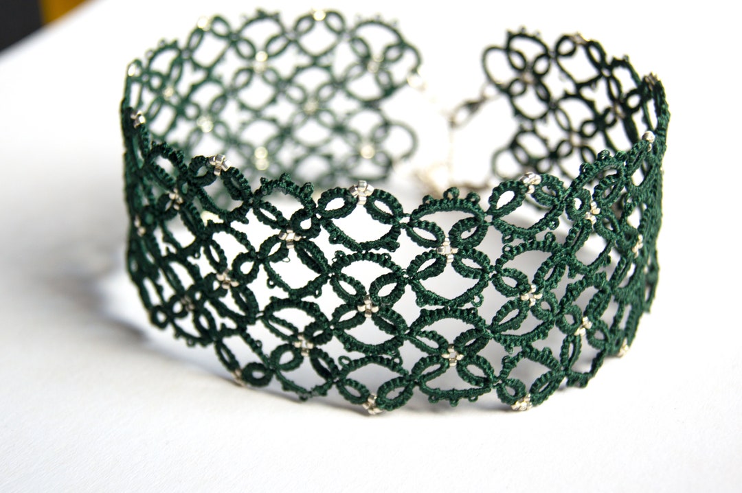 Extra Wide Dark Green Necklace Choker for Women, Beaded Tatting Choker ...