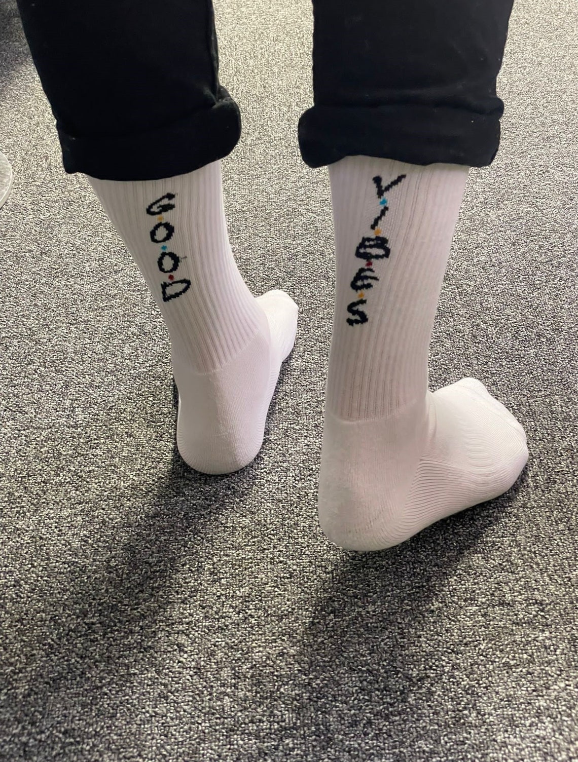 Men's Bespoke Embroidered 'good Vibes' Retro Upcycled Crew Sport Socks ...
