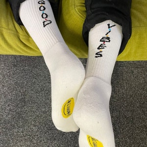 Men's Bespoke Embroidered 'good Vibes' Retro Upcycled Crew Sport Socks ...
