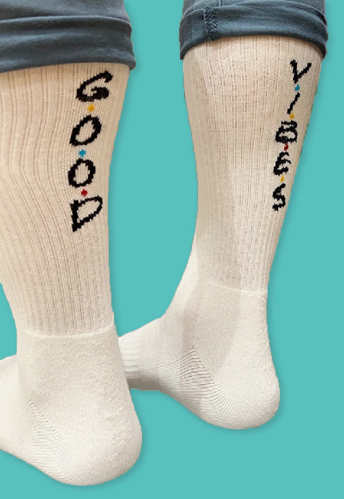 Men's Bespoke Embroidered 'good Vibes' Retro Upcycled Crew Sport Socks ...