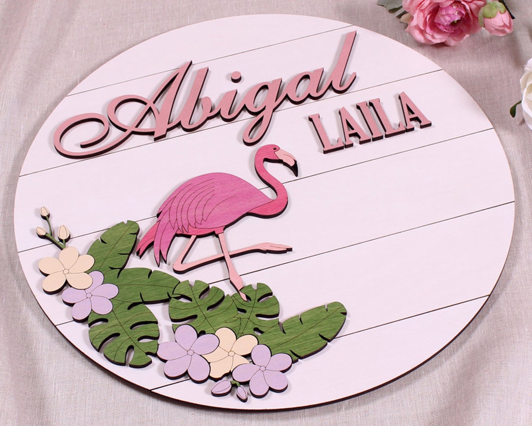 Tropical Flamingo Shiplap Like Round Sign, Name Sign for Girl, Tiered ...