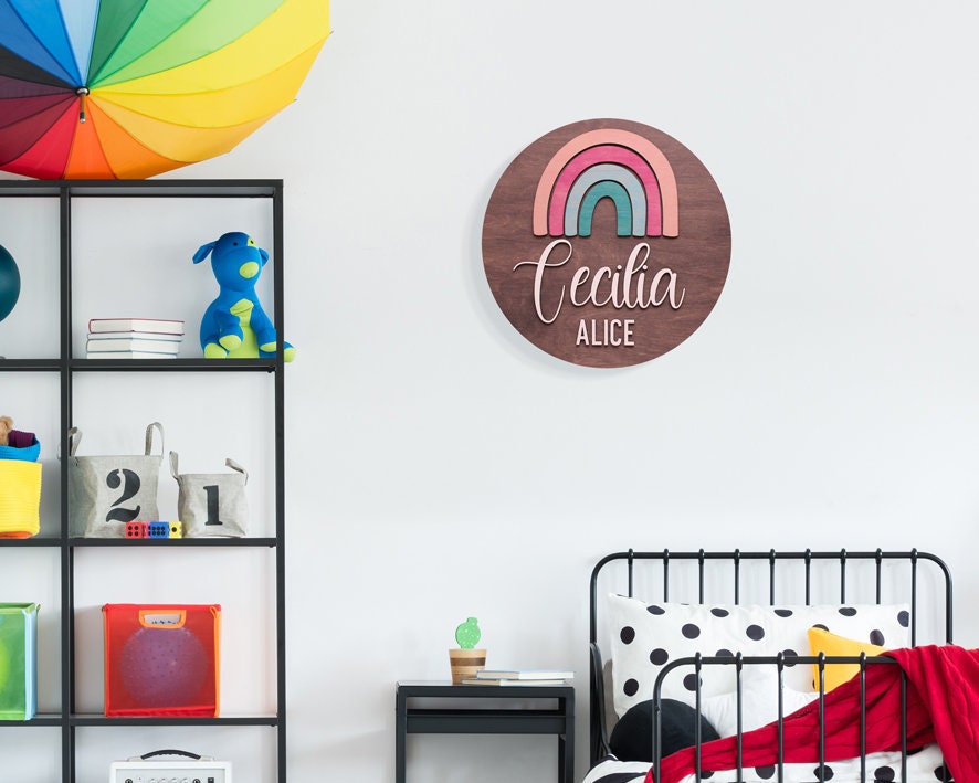 Baby Name Sign With Rainbow Personalized Round Sign Neutral - Etsy