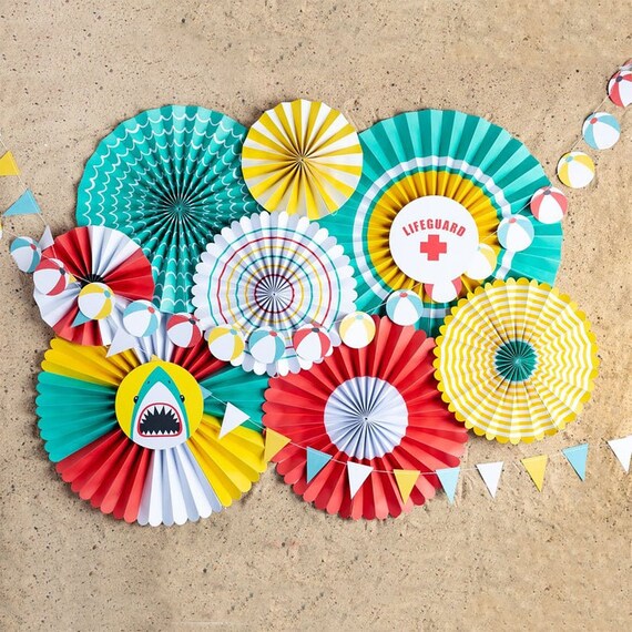 Pool Party Paper Fans Shark Party Lifeguard Party Beach - Etsy