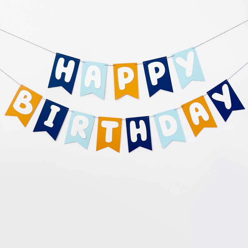 Navy Blue, Light Blue, and Orange Happy Birthday Banner | Dog Birthday ...