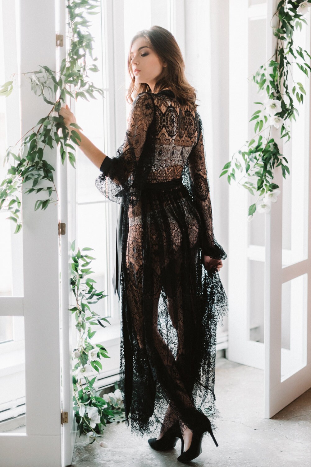 Black Lace Robe // Boudoir Lace Robe // Floor Langth Robe // | Etsy