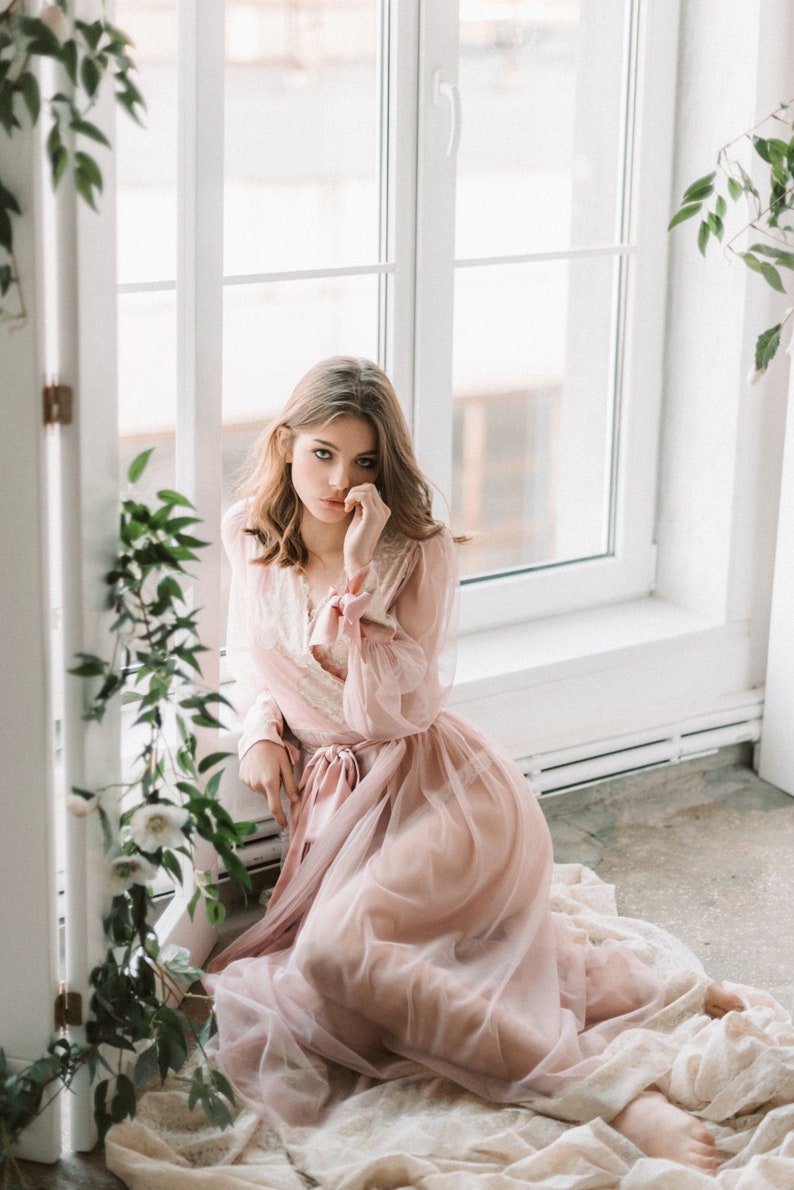 Sheer blush boudoir robe with long bishop sleeves long tulle | Etsy