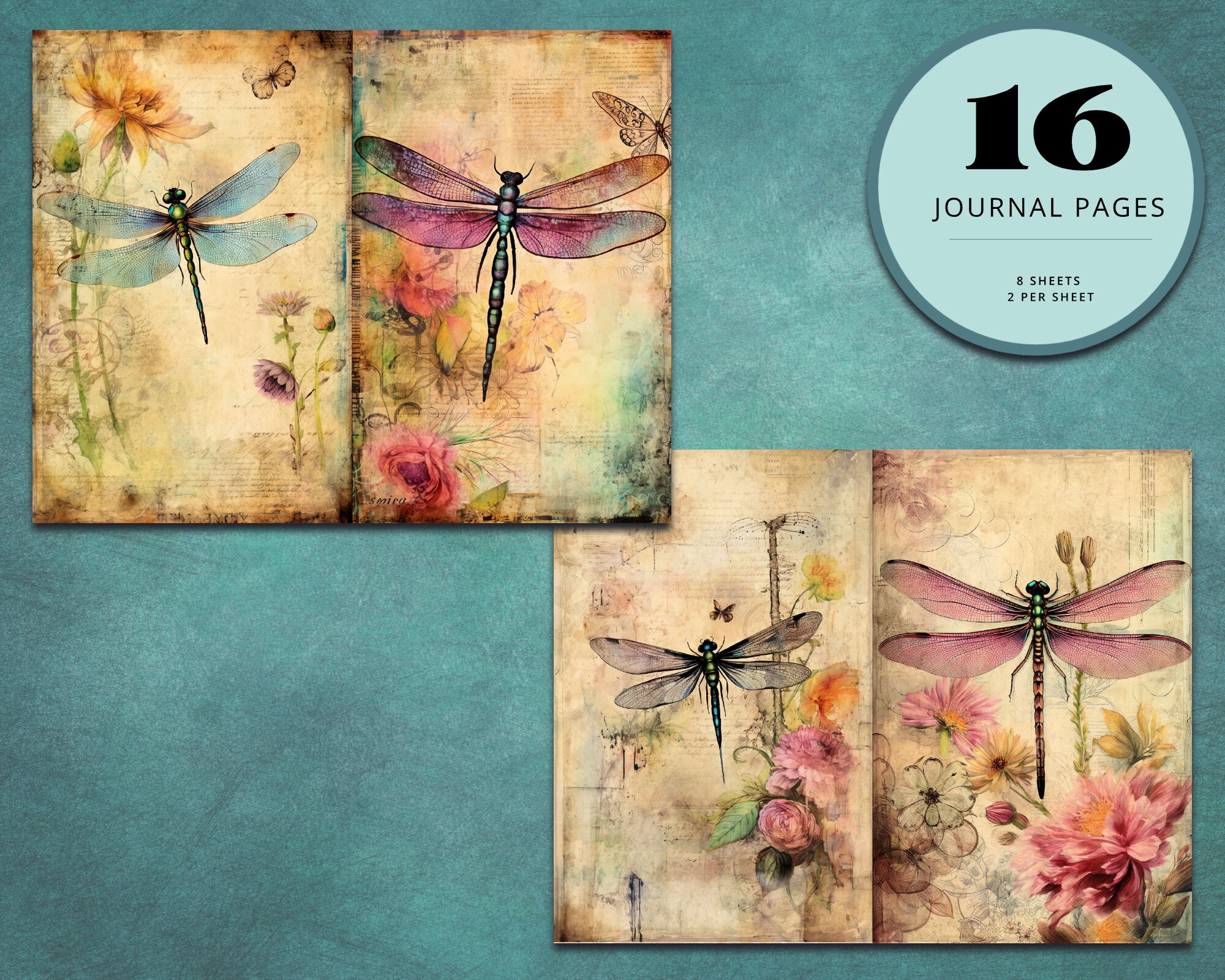 Vintage Dragonflies Junk Journal Pages, Journal Papers, Journal Kit ...