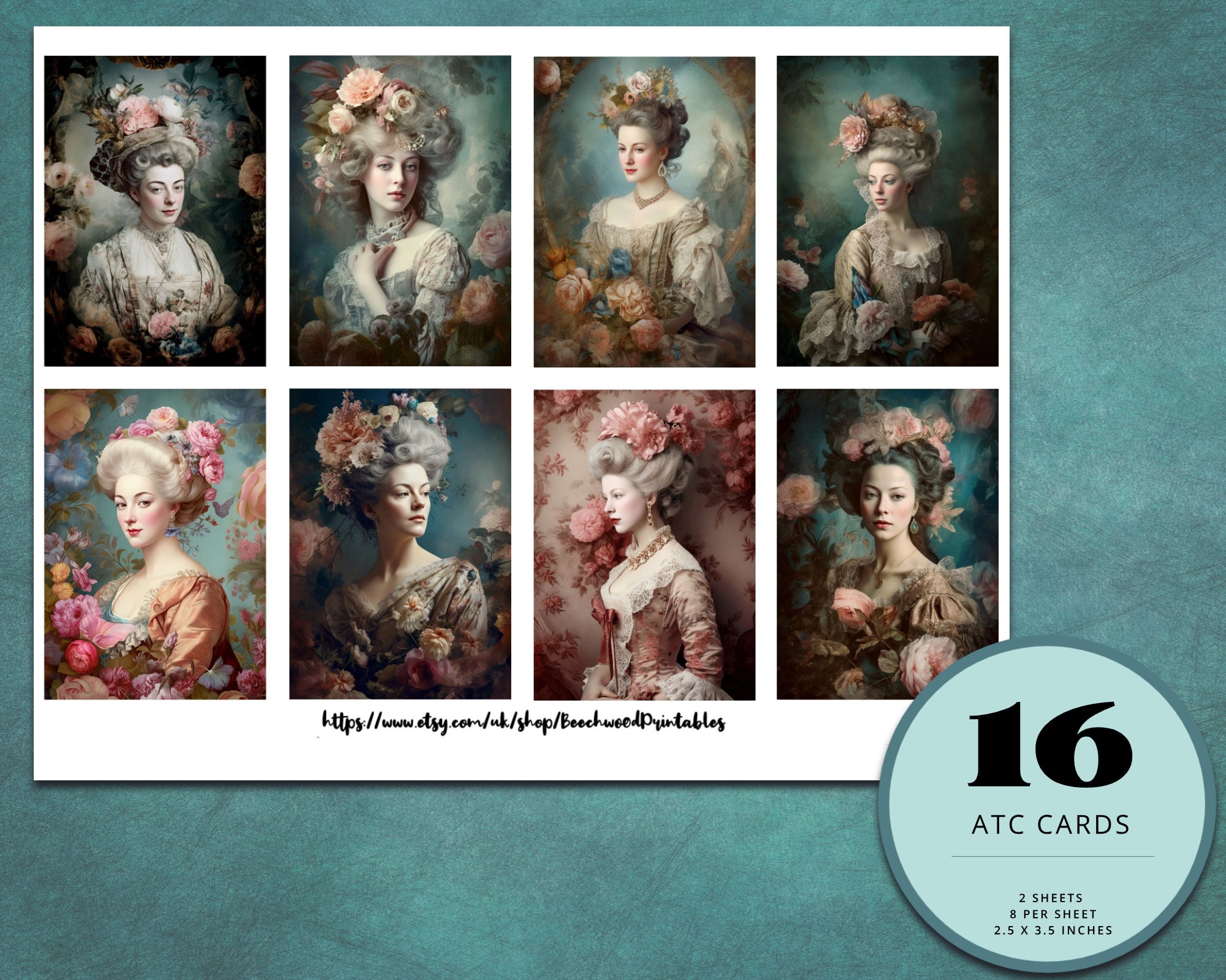 Rococo Style Women Portraits ATC Cards, Floral Journaling Cards ...