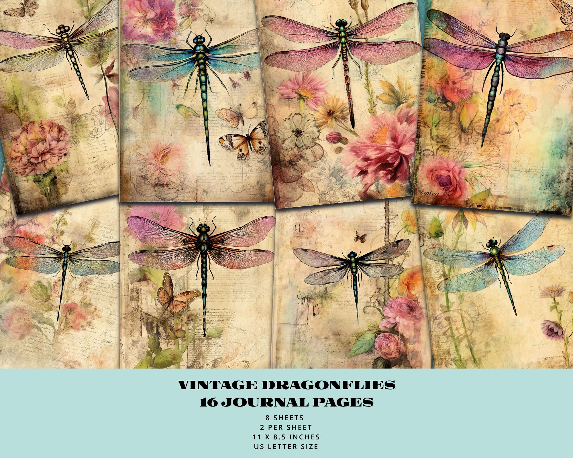 Vintage Dragonflies Junk Journal Pages, Journal Papers, Journal Kit, Double Pages, Printable ...