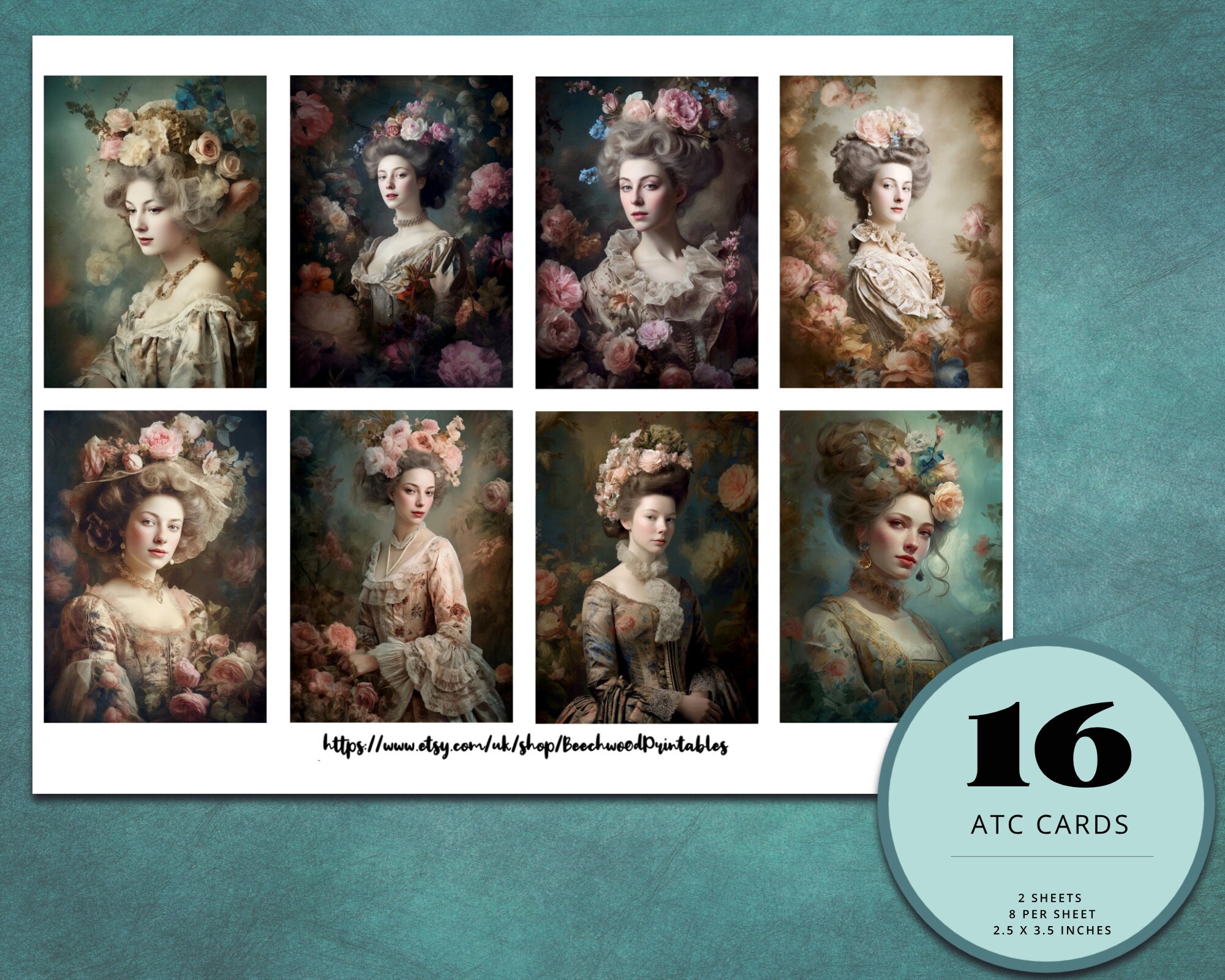 Rococo Style Women Portraits ATC Cards, Floral Journaling Cards ...